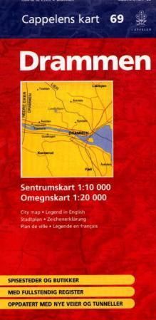 Drammen - sentrumskart, omegnskart = city map = Stadtplan = plan de ville